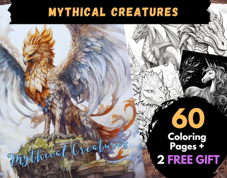 60 Mythical Creatures Coloring Page, Adults Kids Digital Coloring ...