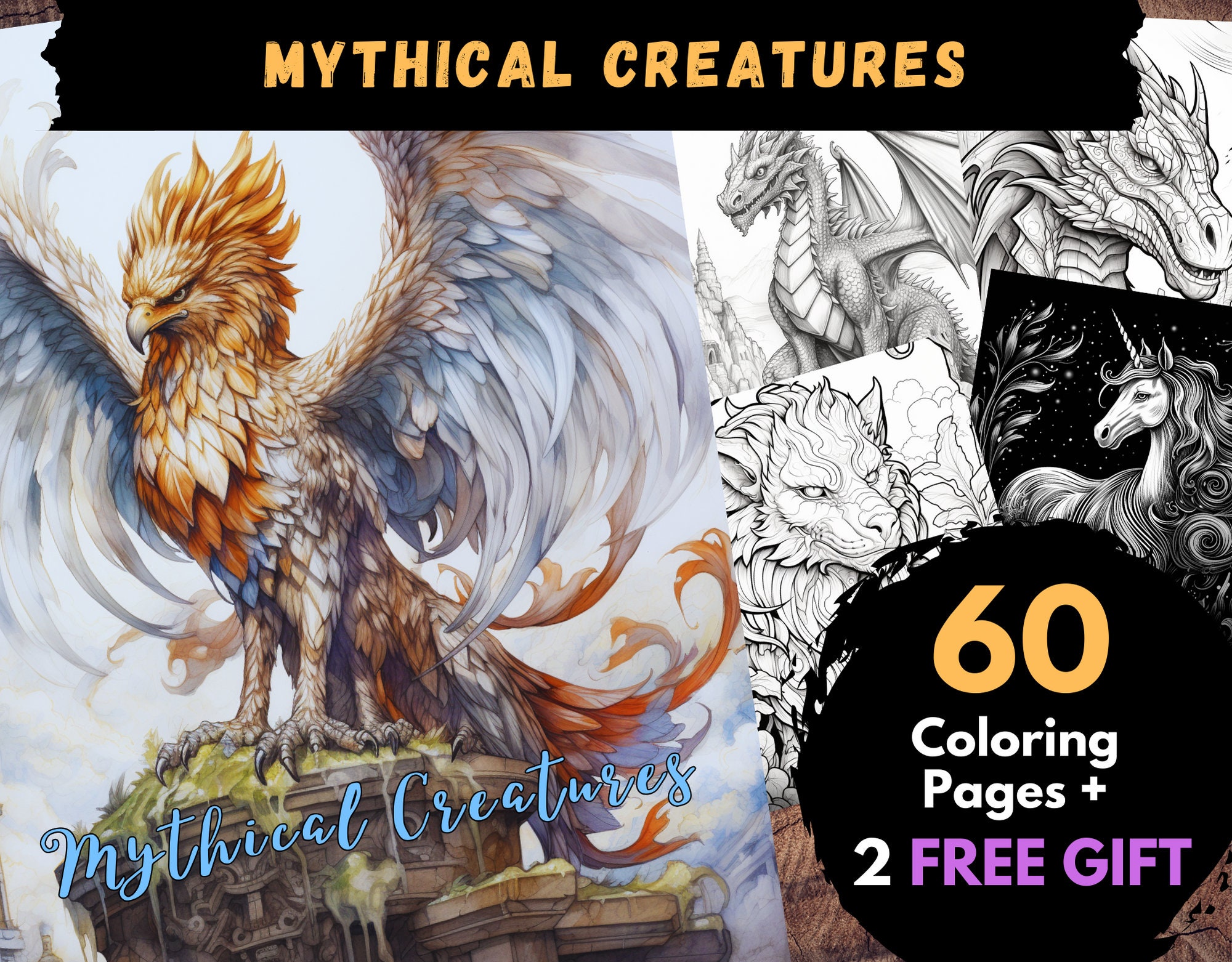 60 Mythical Creatures Coloring Page, Adults Kids Digital Coloring ...