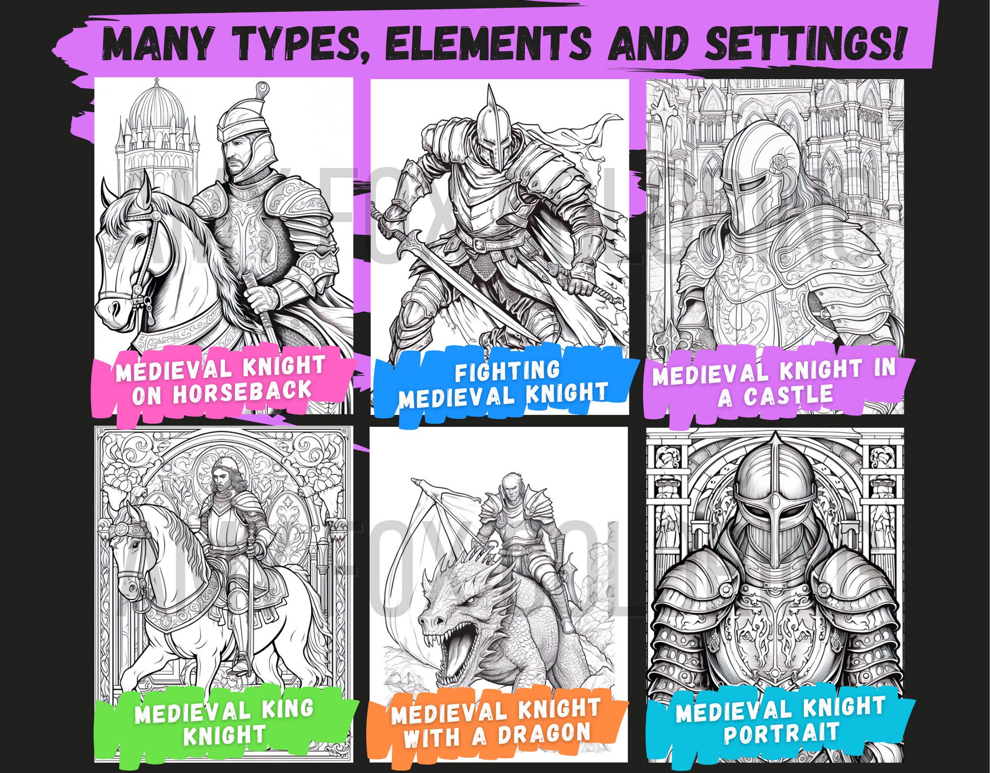 60 Medieval Knight Coloring Page, Adults Kids Digital Coloring Sheets ...