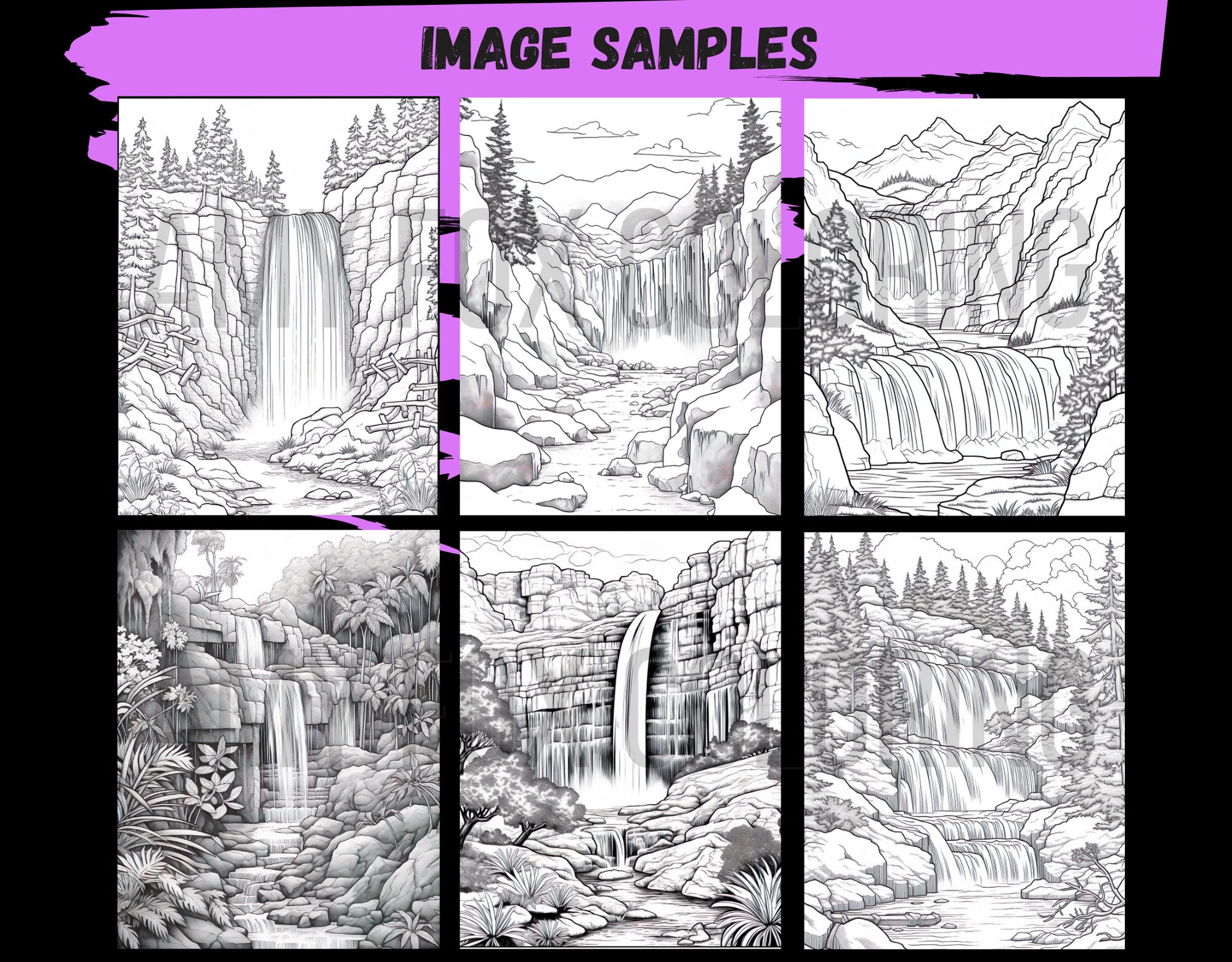 60 Realistic Waterfall Coloring Pages, Adults Kids Digital Coloring ...