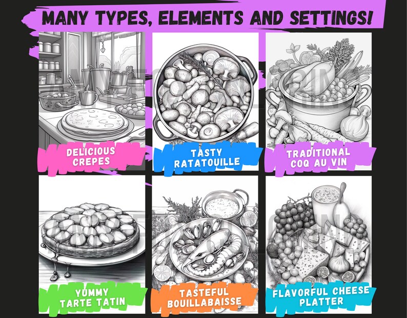 60 French Traditional Foods Coloring Pages, Adults Kids Digital ...