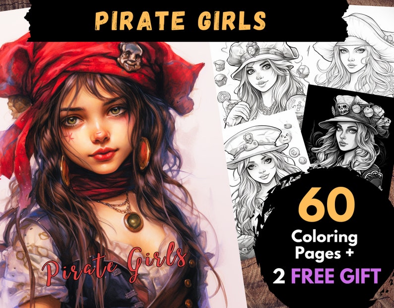 60 piraatmeisjes kleurplaat, volwassenen kinderen digitale kleurplaten ...