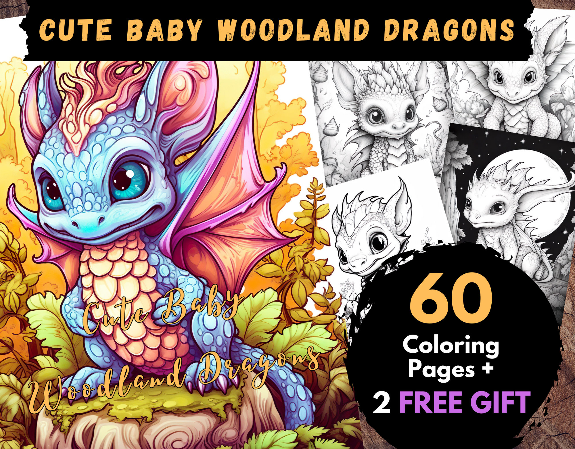60 Cute Baby Woodland Dragons Coloring Pages, Adults Kids Digital ...