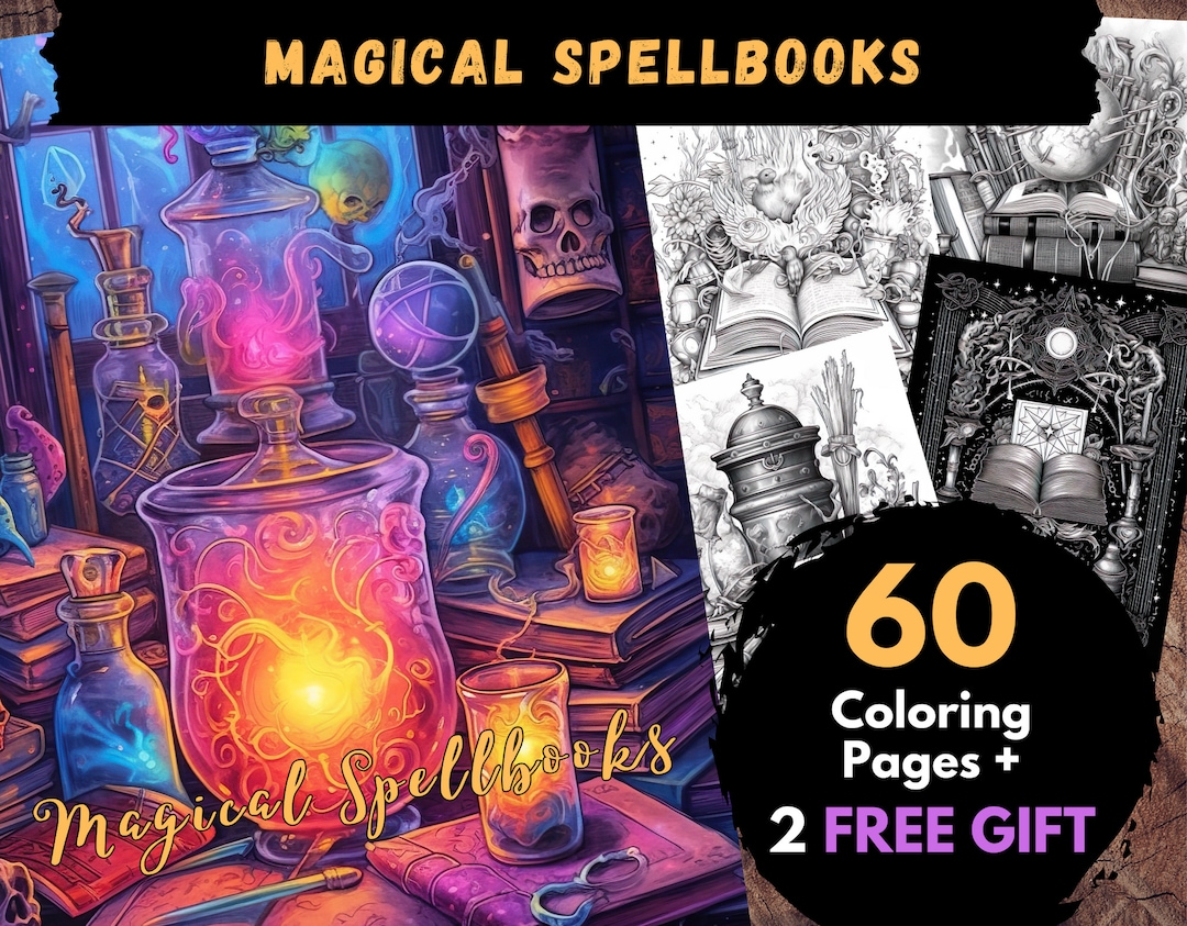 60 Magical Spellbooks Coloring Pages, Adults Kids Digital Coloring ...