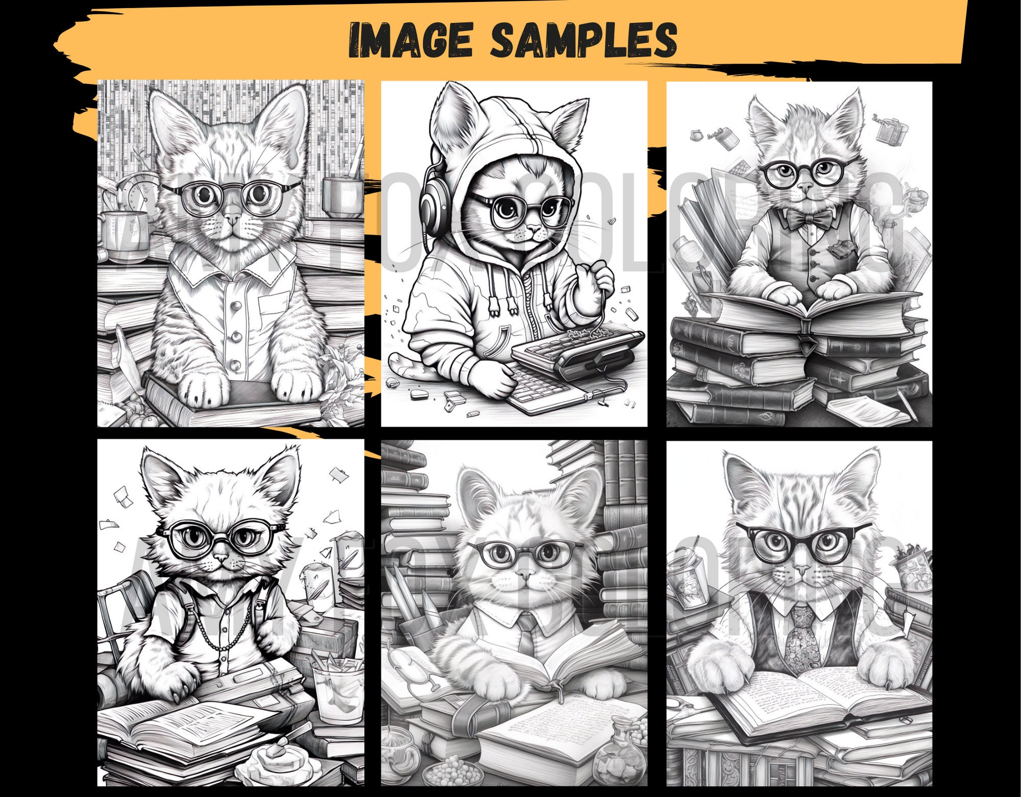 60 Nerd Cats Coloring Pages, Adults Kids Digital Coloring Sheets ...