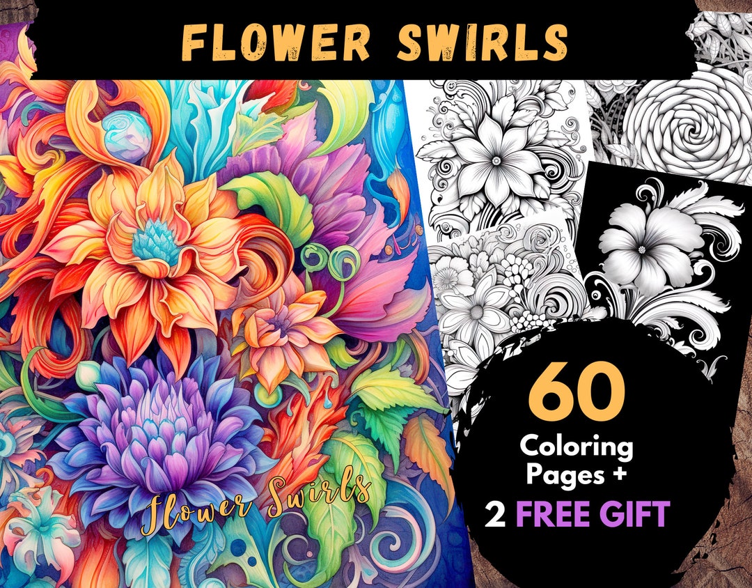 60 Flower Swirls Coloring Pages, Adults Kids Digital Coloring Sheets ...