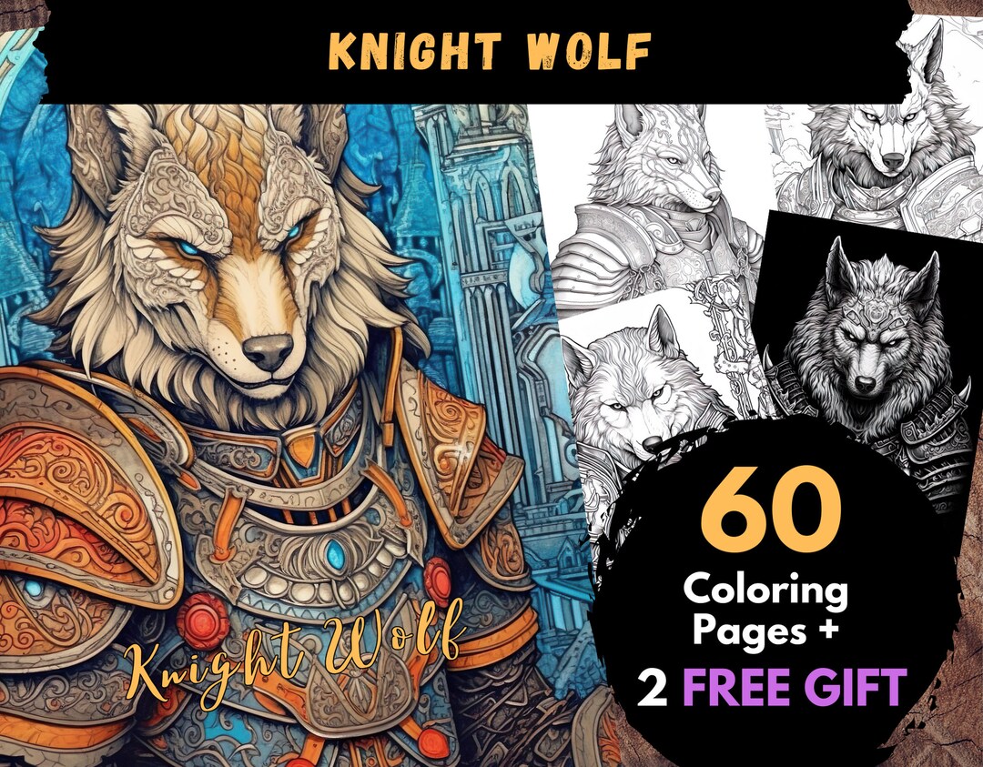 60 Knight Wolf Coloring Page, Adults Kids Digital Coloring Sheets - Printable PDF Book, Animal ...