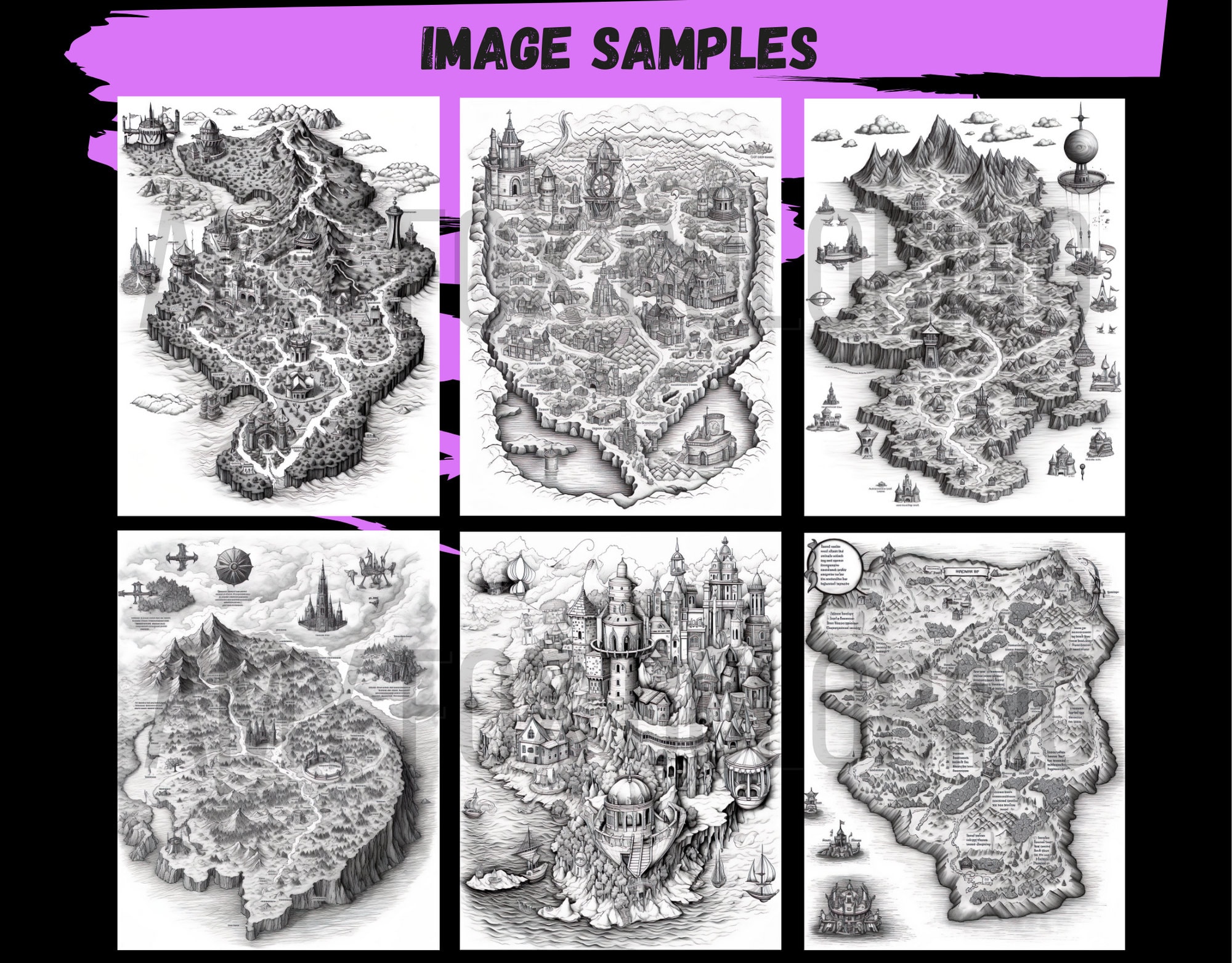 60 Fantasy Maps Coloring Pages, Adults Kids Digital Coloring Sheets ...