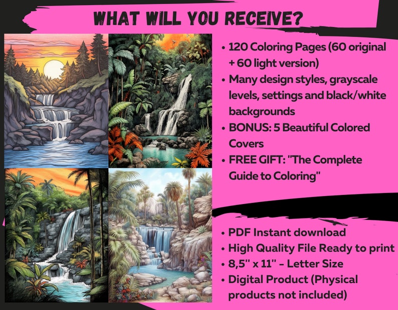 60 Realistic Waterfall Coloring Pages, Adults Kids Digital Coloring ...