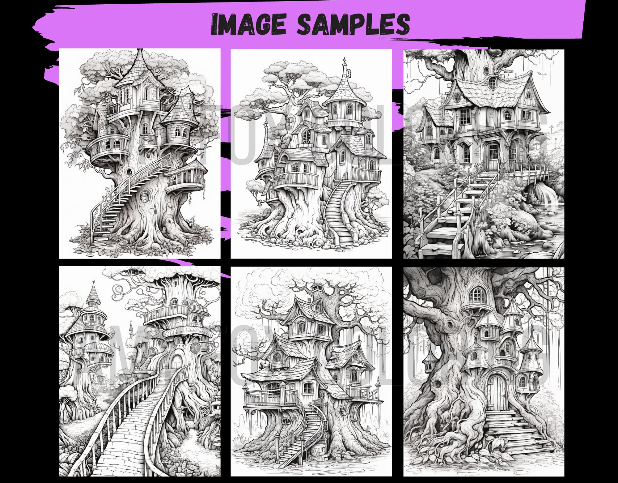 100 Enchanted Treehouse Coloring Pages, Adults Kids Digital Coloring ...