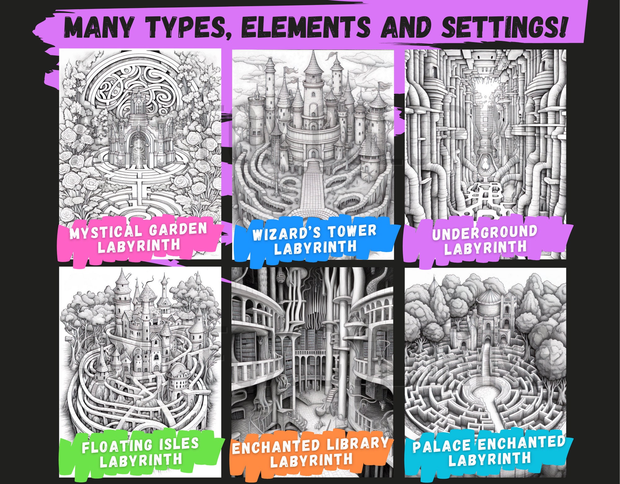 60 Enchanted Labyrinths Coloring Pages, Adults Kids Digital Coloring ...