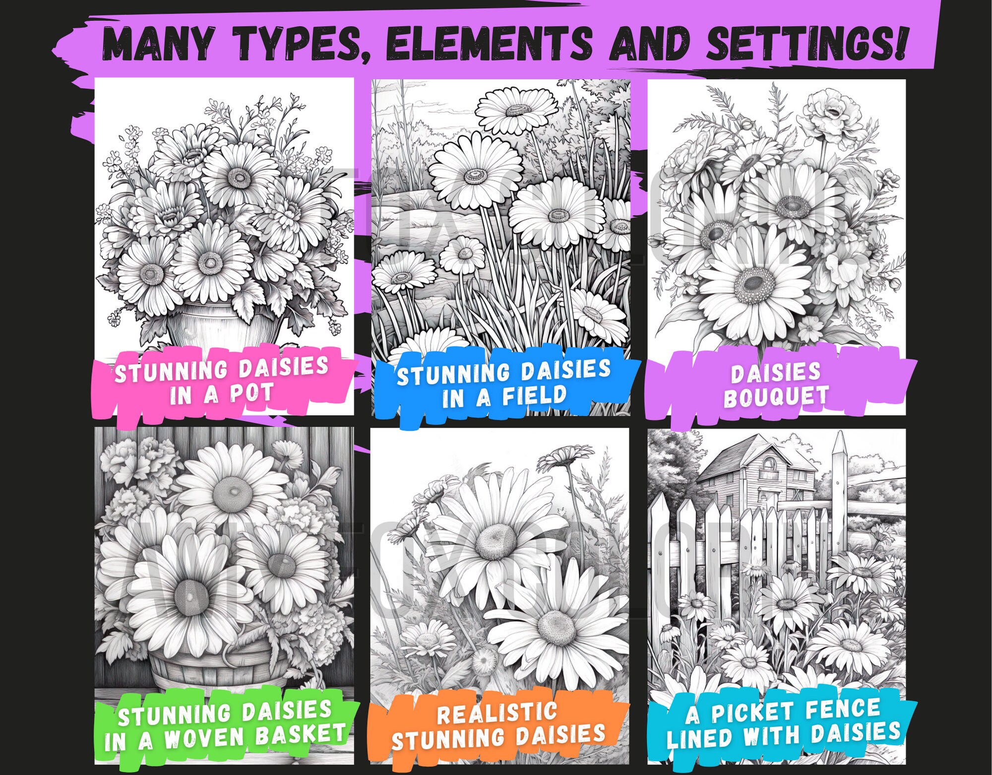 60 Stunning Daisies Coloring Pages, Adults Kids Digital Coloring Sheets ...