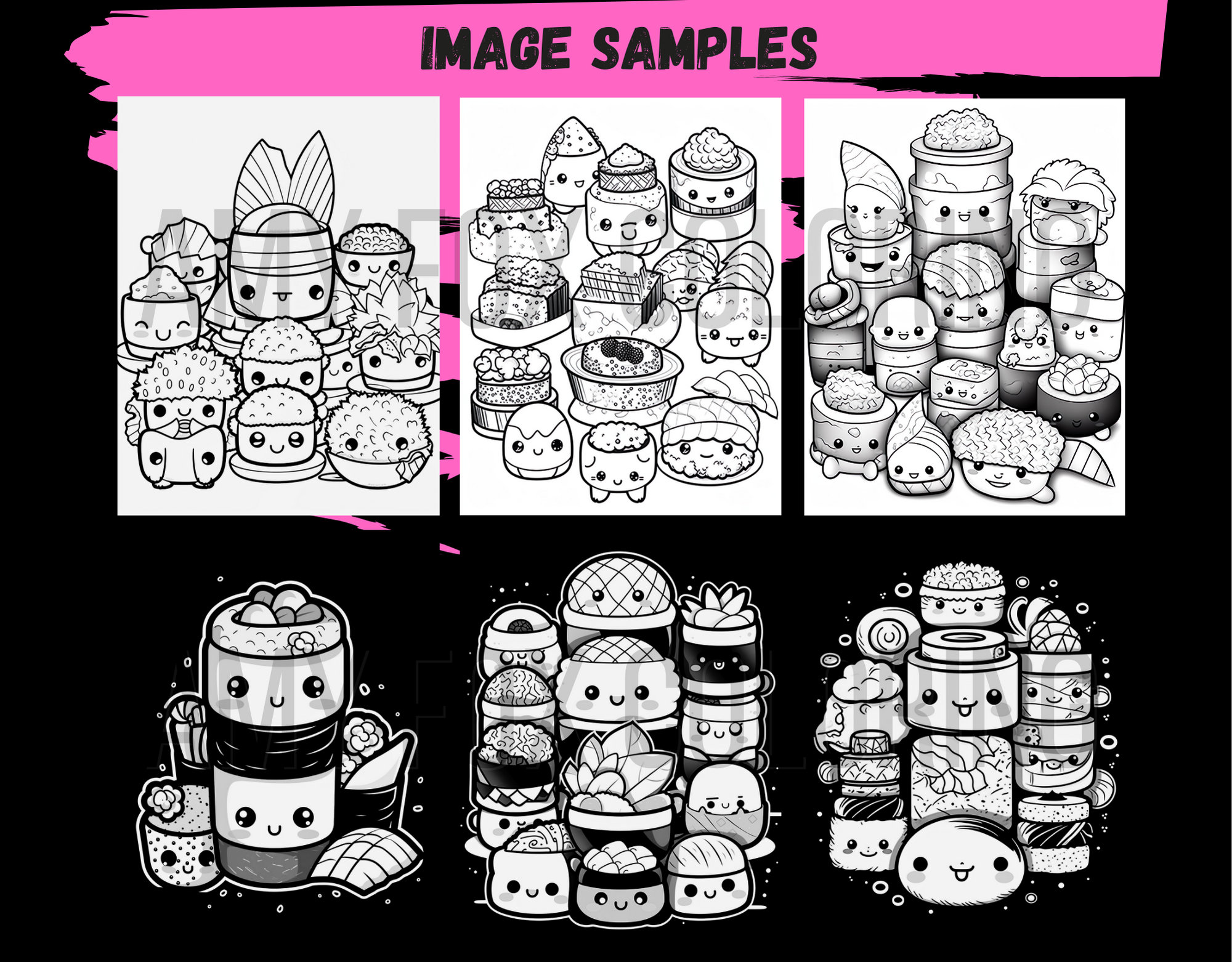 60 Kawaii Sushi & Rolls Coloring Pages, Adults Kids Digital Coloring ...