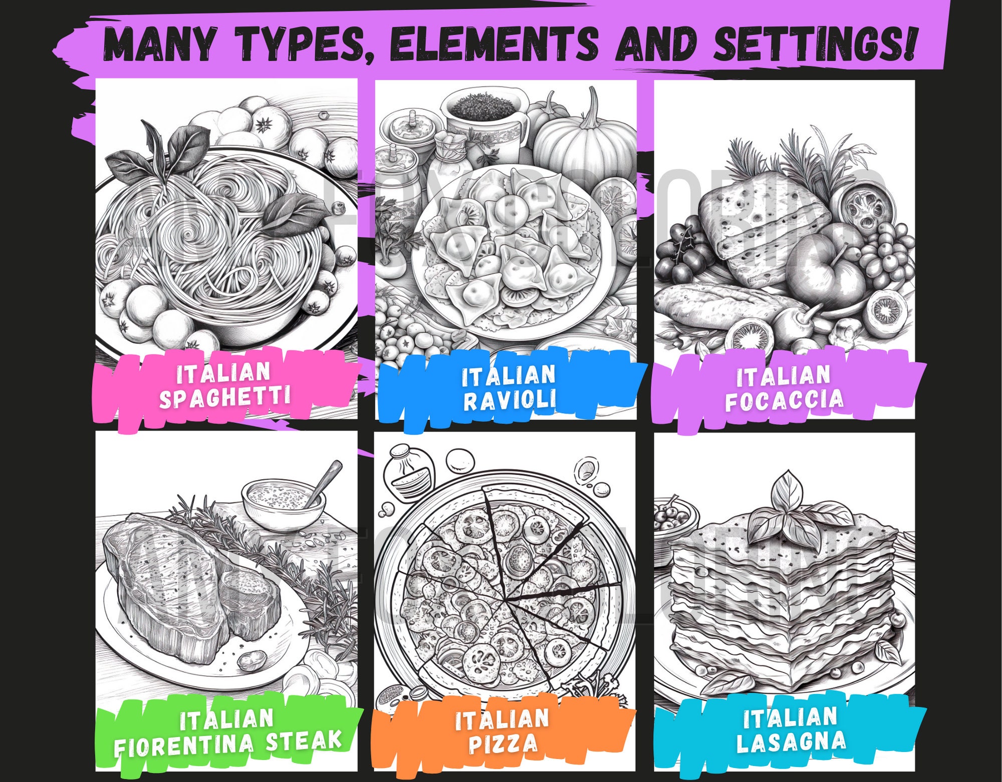 60 Delicious Italian Foods Coloring Pages, Adults Kids Digital Coloring ...