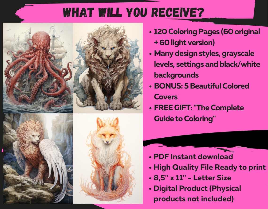 60 Mythical Creatures Coloring Page, Adults Kids Digital Coloring ...