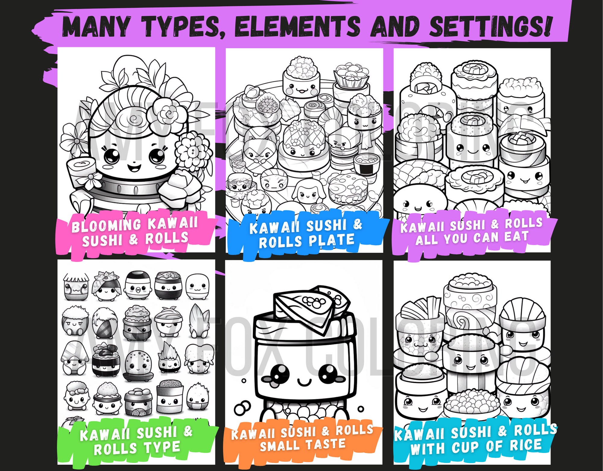 60 Kawaii Sushi & Rolls Coloring Pages, Adults Kids Digital Coloring ...