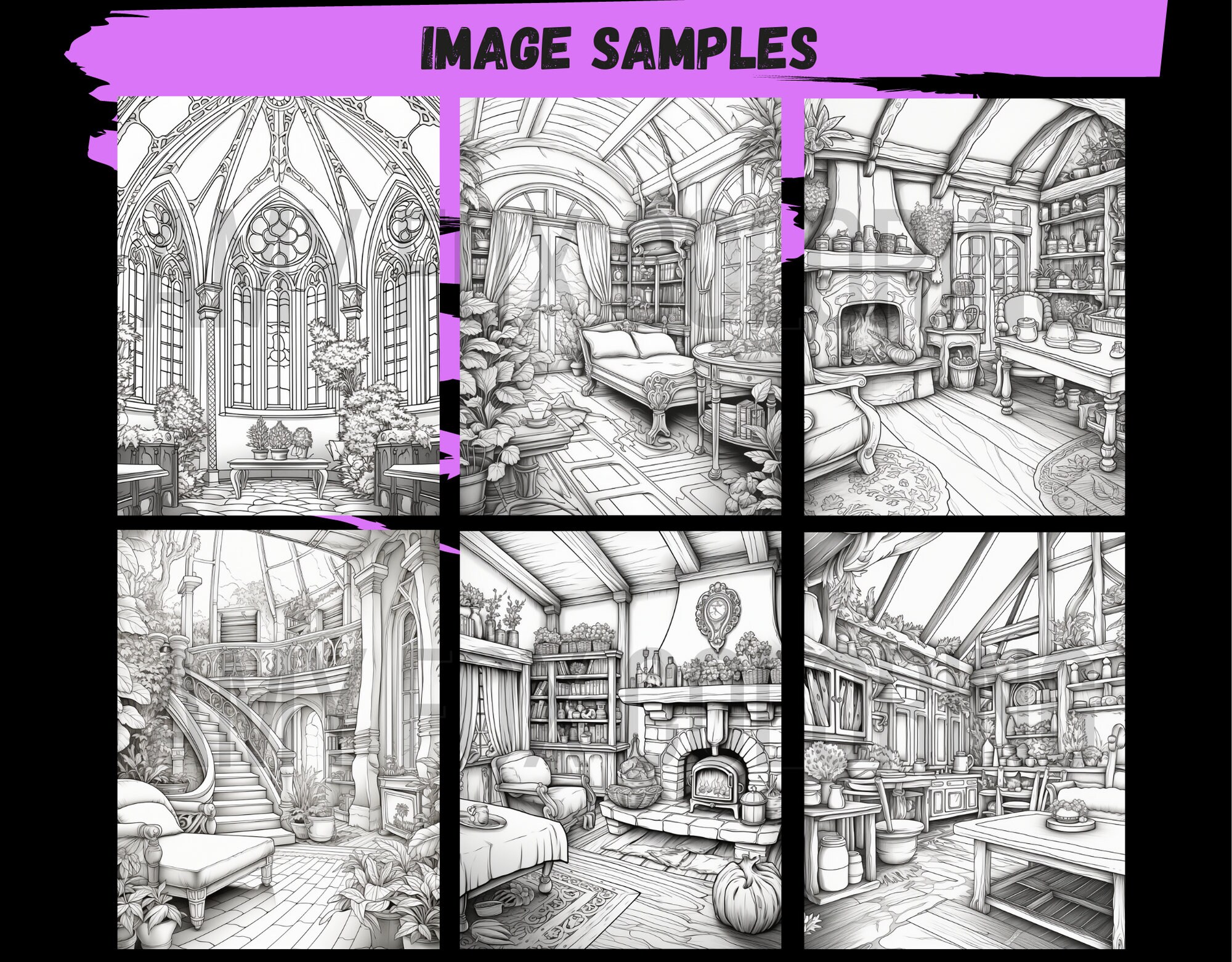 60 Fantasy Interior Coloring Pages, Adults Kids Digital Coloring Sheets ...