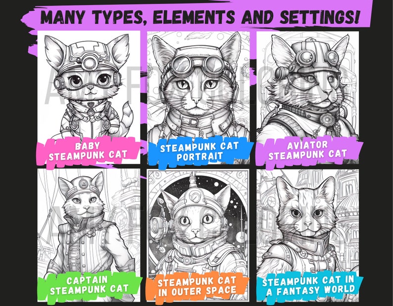 60 Steampunk Cat Coloring Page, Adults Kids Digital Coloring Sheets ...