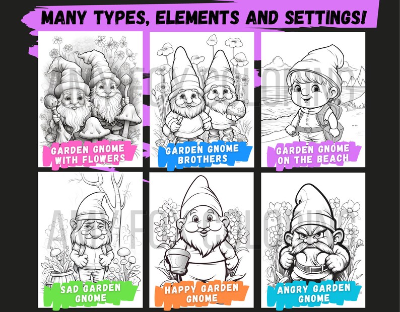 60 Garden Gnomes Coloring Page, Adults Kids Digital Coloring Sheets ...