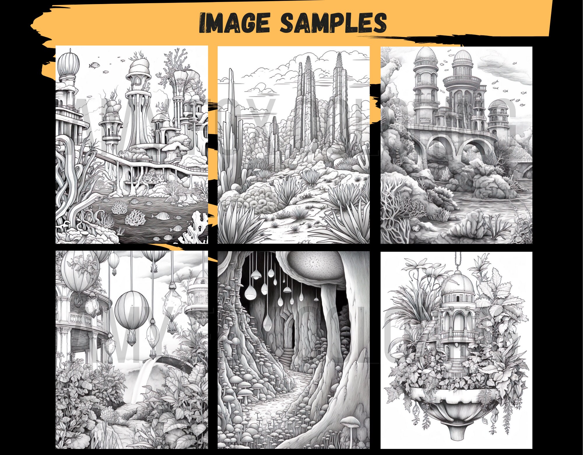 60 Otherworldly Landscapes Coloring Pages, Adults Kids Digital Coloring ...