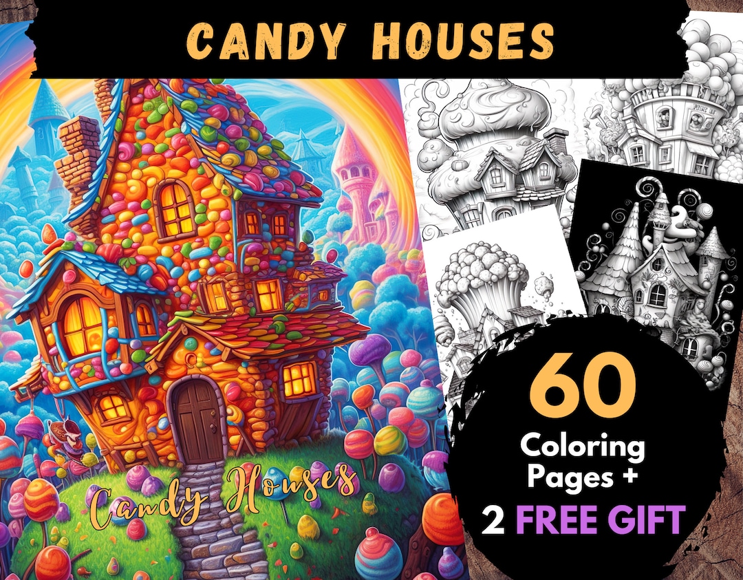 60 Candy Houses Coloring Pages, Adults Kids Digital Coloring Sheets ...