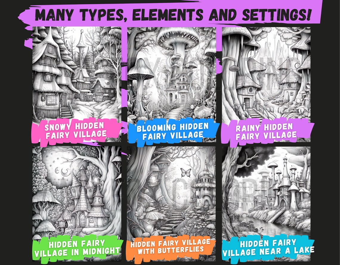 60 Hidden Fairy Village Coloring Pages, Adults Kids Digital Coloring ...
