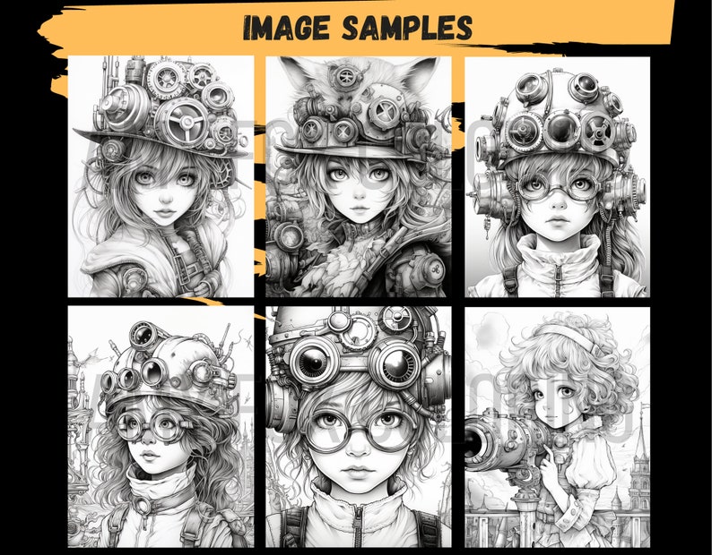 60 Steampunk Cuties Coloring Page, Adults Kids Digital Coloring Sheets Printable PDF Book ...