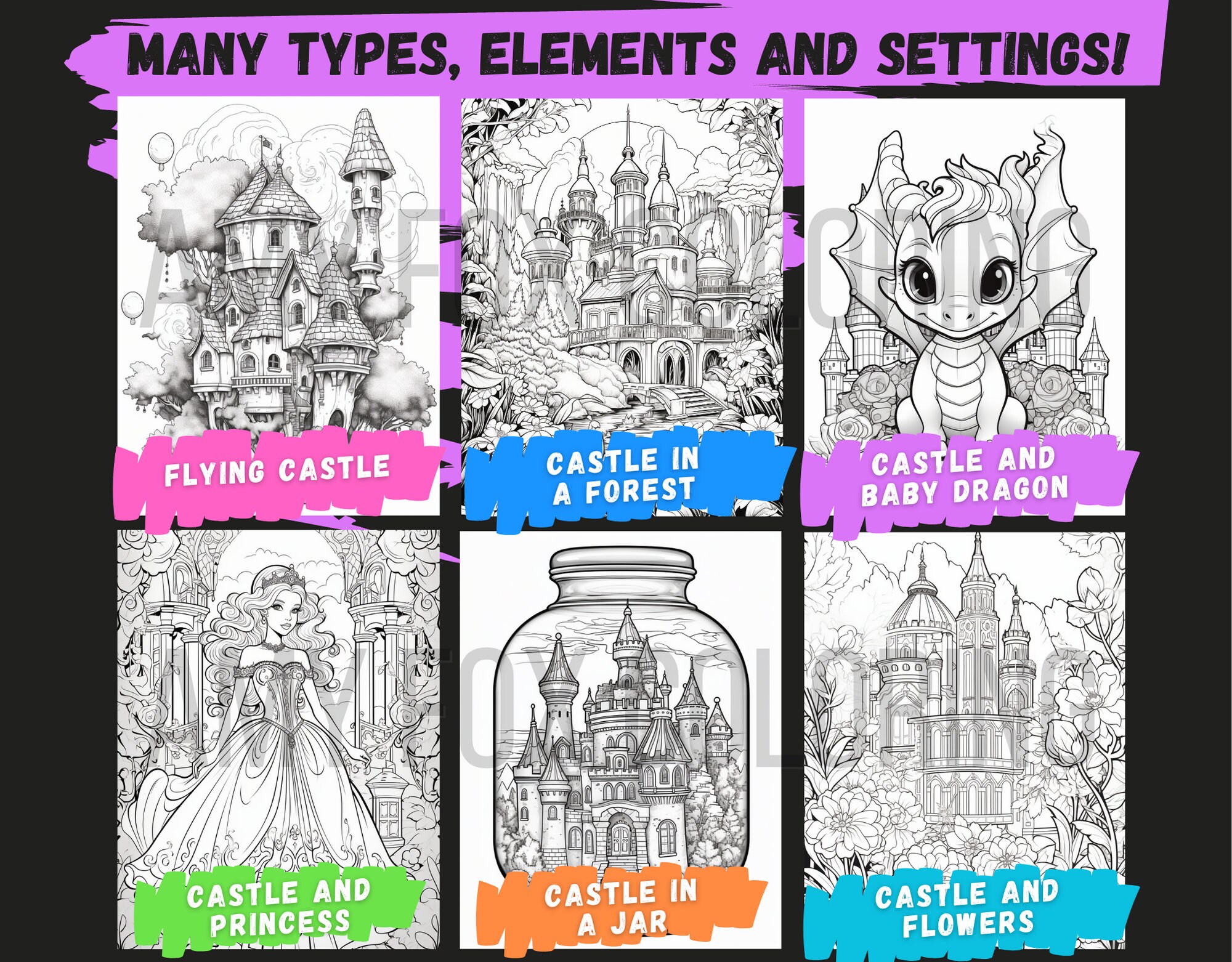 60 Fantasy Castles Coloring Pages, Adults Kids Digital Coloring Sheets ...
