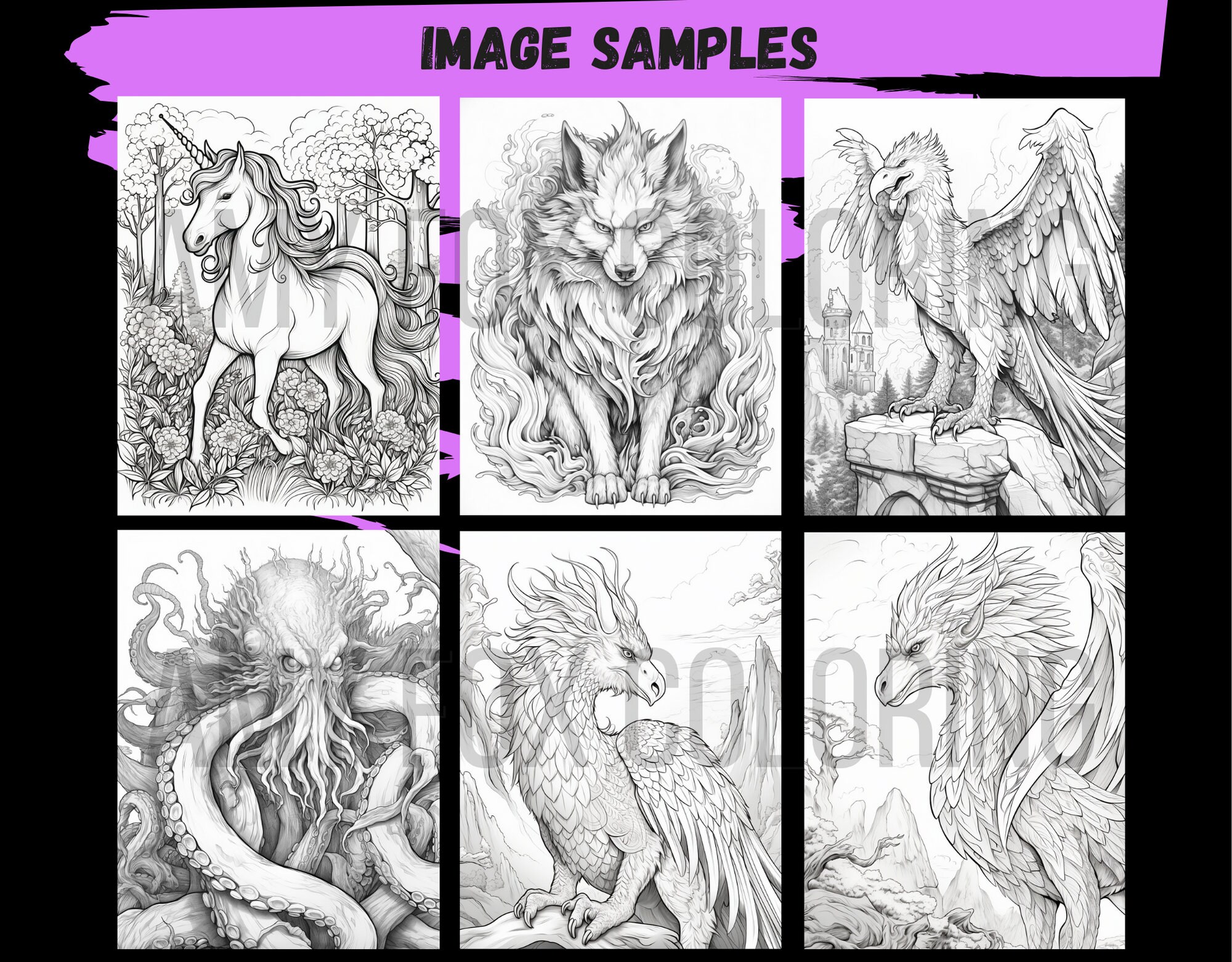 60 Mythical Creatures Coloring Page, Adults Kids Digital Coloring ...