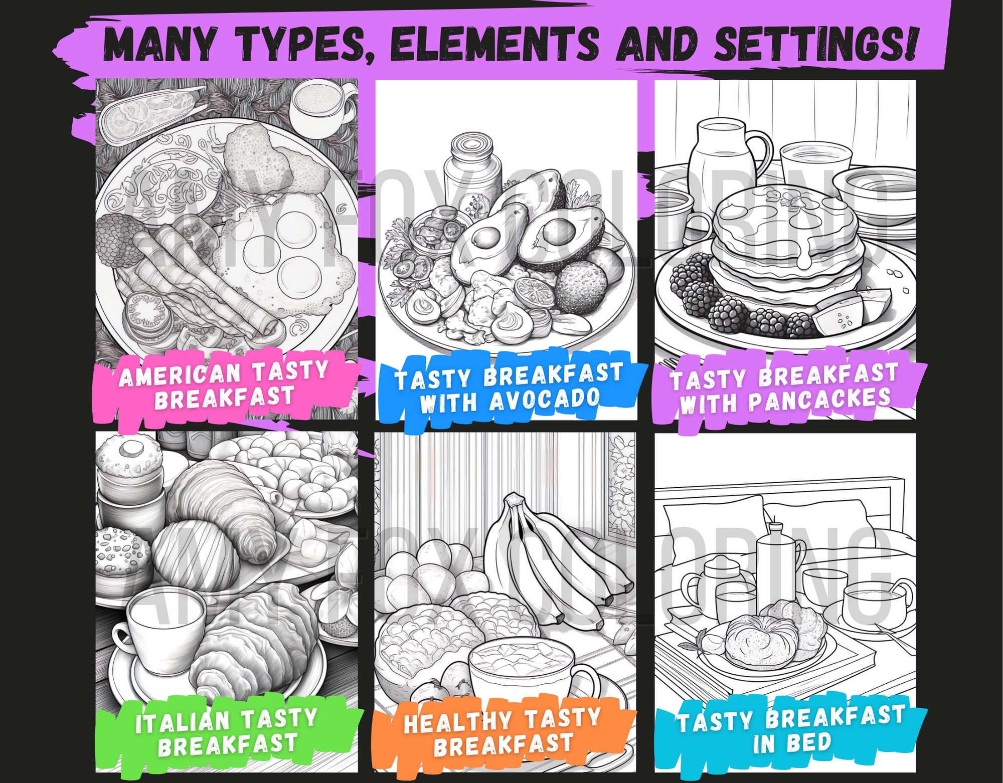 60 Tasty Breakfasts Coloring Pages, Adults Kids Digital Coloring Sheets ...