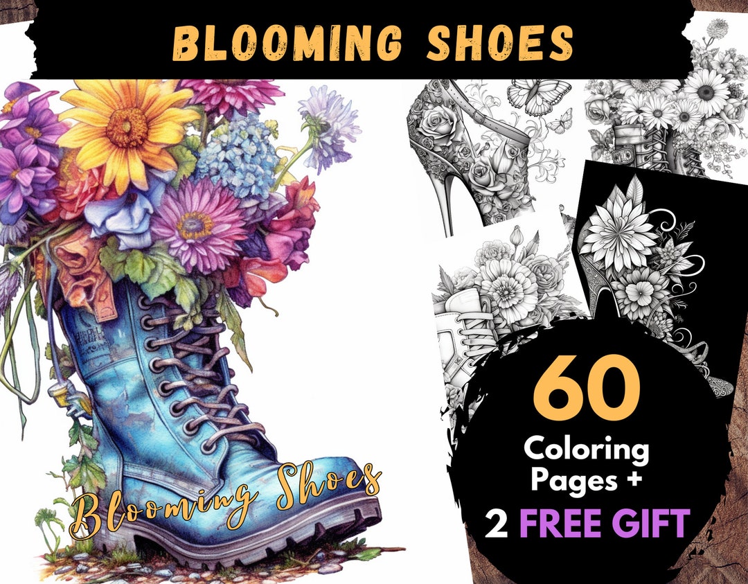 60 Blooming Shoes Coloring Pages, Adults Kids Digital Coloring Sheets ...