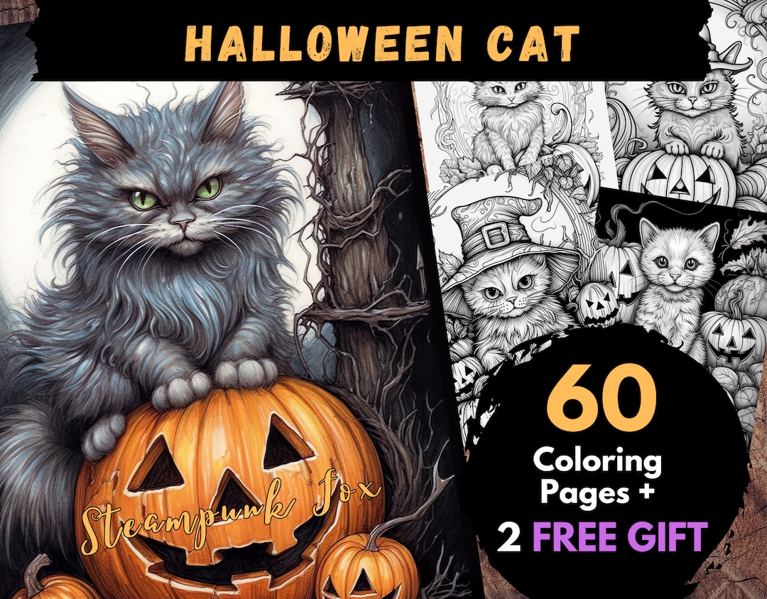 60 Halloween Cat Coloring Page, Adults Kids Digital Coloring Sheets ...