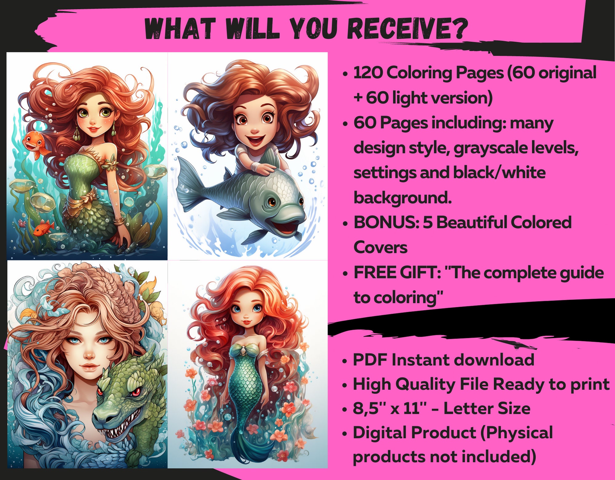 60 Fairy Mermaid Coloring Pages, Adults Kids Digital Coloring Sheets ...