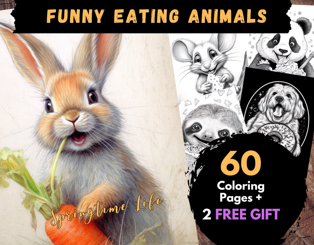 60 Funny Eating Animals Coloring Pages, Adults Kids Digital Coloring ...