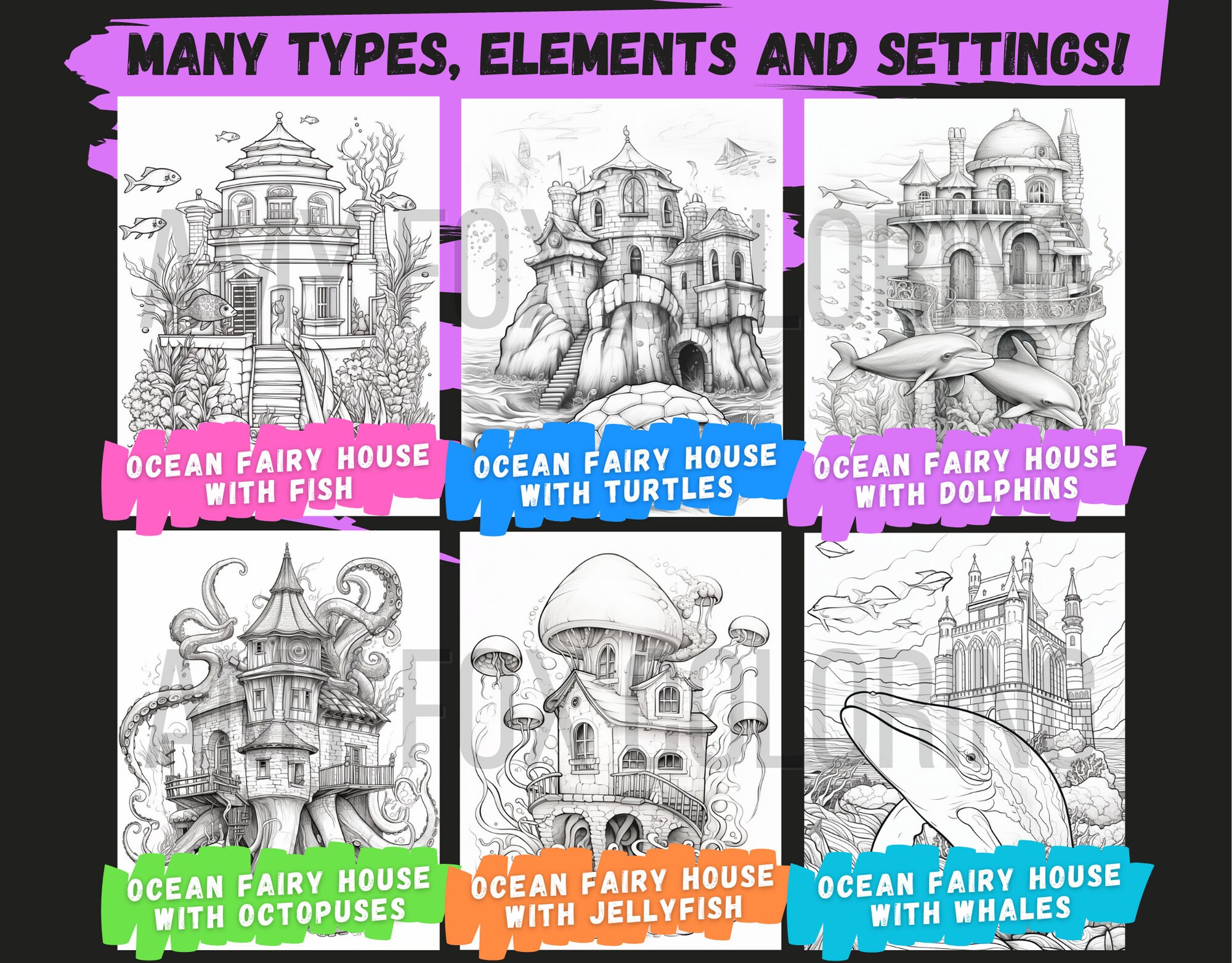 60 Ocean Fairy Houses Coloring Pages, Adults Kids Digital Coloring ...