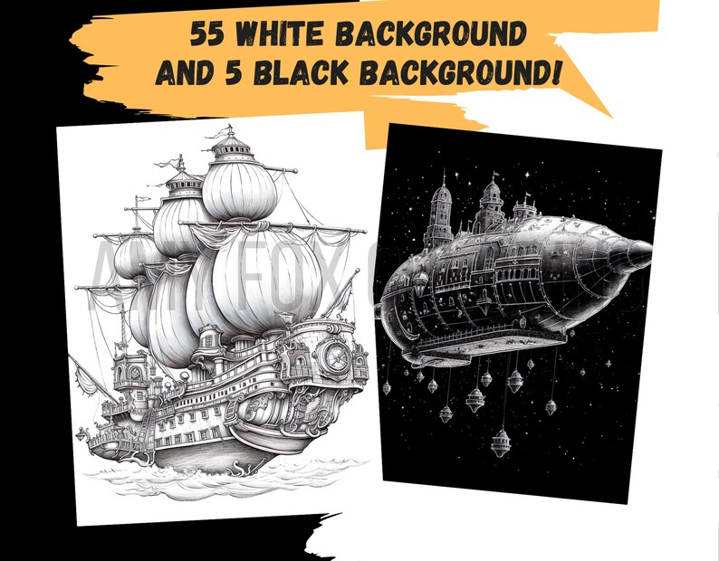60 Fantasy Airships Coloring Pages, Adults Kids Digital Coloring Sheets ...