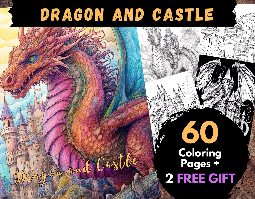 60 Dragon and Castle Coloring Pages, Adults Kids Digital Coloring ...