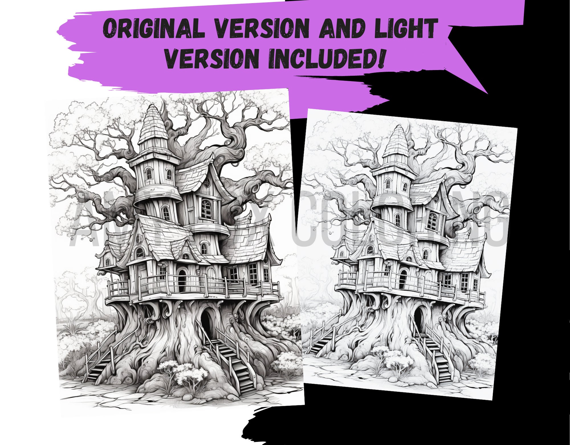 100 Enchanted Treehouse Coloring Pages, Adults Kids Digital Coloring ...