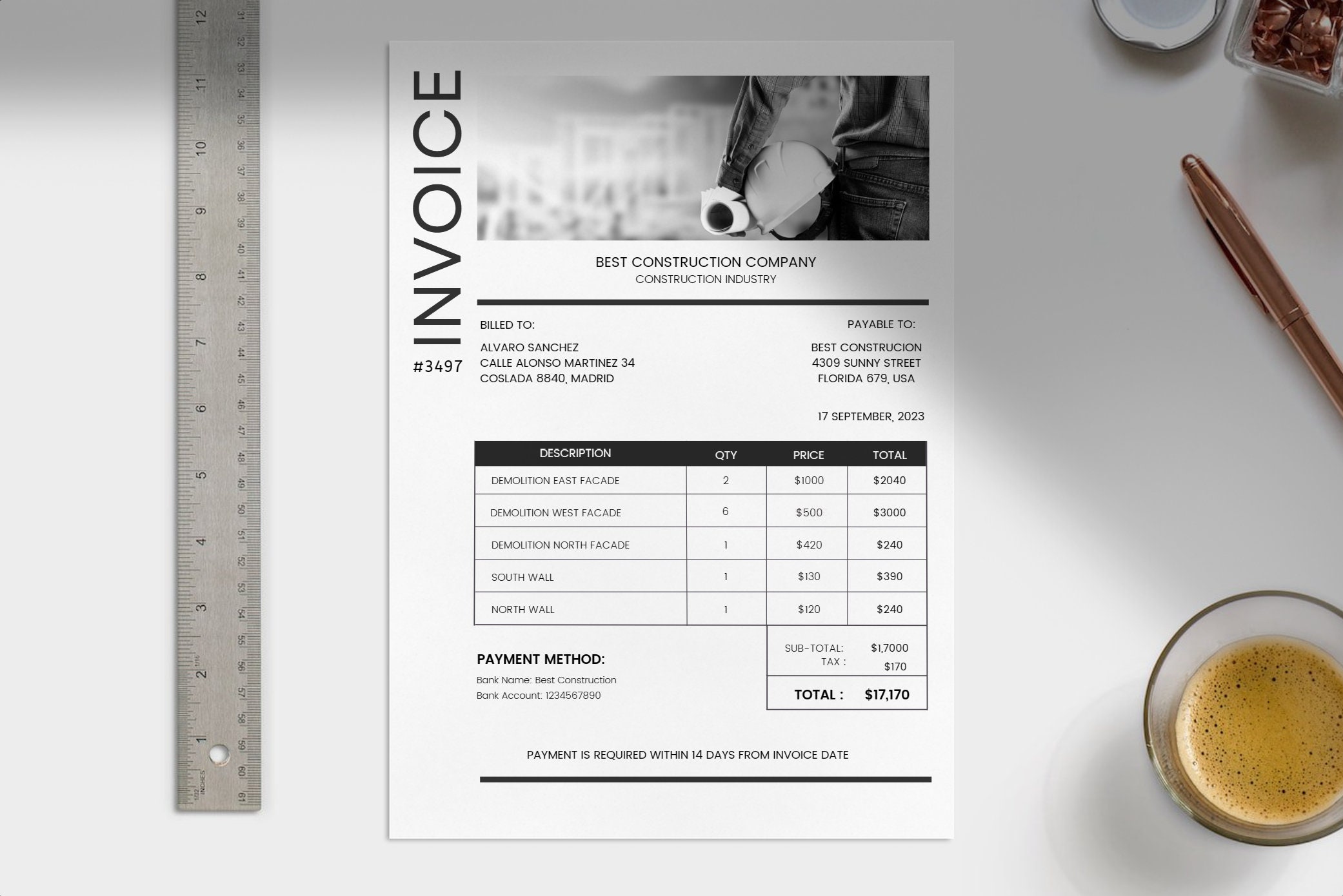 Construction Invoice Template, Construction Editable Canva Invoice ...