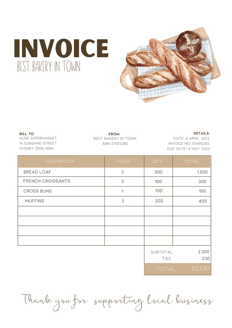 Bakery Invoice Template, Canva Editable Invoice Template, Digital ...