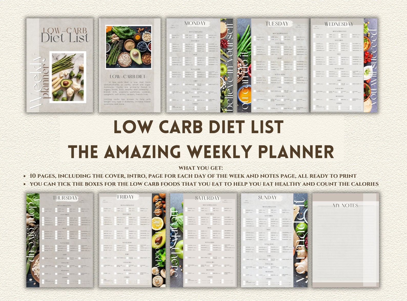 Low Carb Diet List Weekly Planner Printable, Low Carb Food List, Low ...