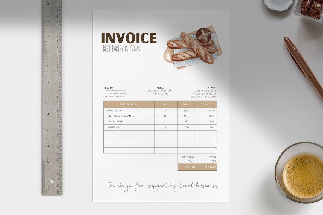Plantilla de factura de panadería, plantilla de factura editable de ...