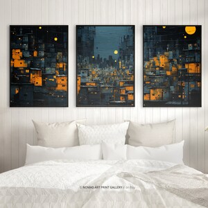 Set of 3 Abstract Cityscape Skyline Art Prints, Urban City Night Scene ...