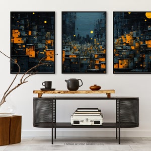 Set of 3 Abstract Cityscape Skyline Art Prints, Urban City Night Scene ...
