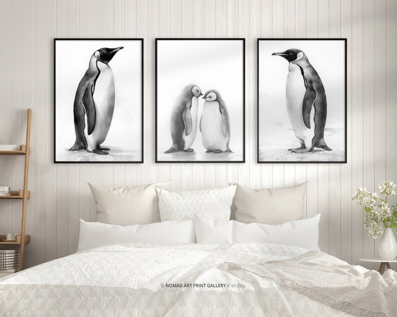 3-piece Emperor Penguin Art Prints, Black & White Penguins, Antarctic ...