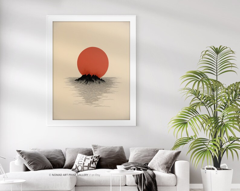 Japandi Wall Art, Abstract Sun Rocks Sea, Japanese Decor, Scandi Art ...