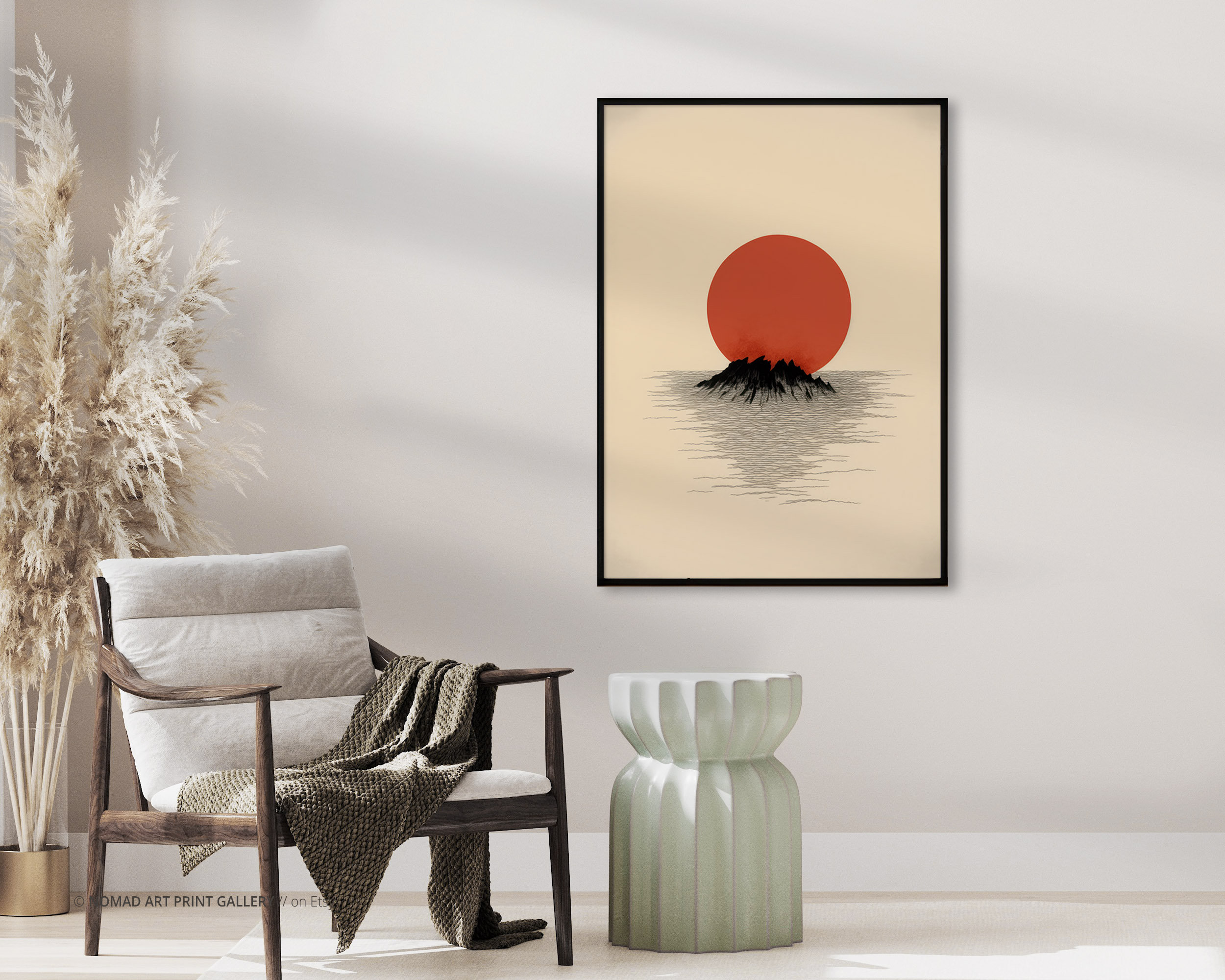 Japandi Wandkunst, abstrakte Sonne schaukelt Meer, japanisches Dekor, skandinavische Kunst, Zen ...