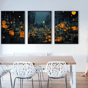 Set of 3 Abstract Cityscape Skyline Art Prints, Urban City Night Scene ...