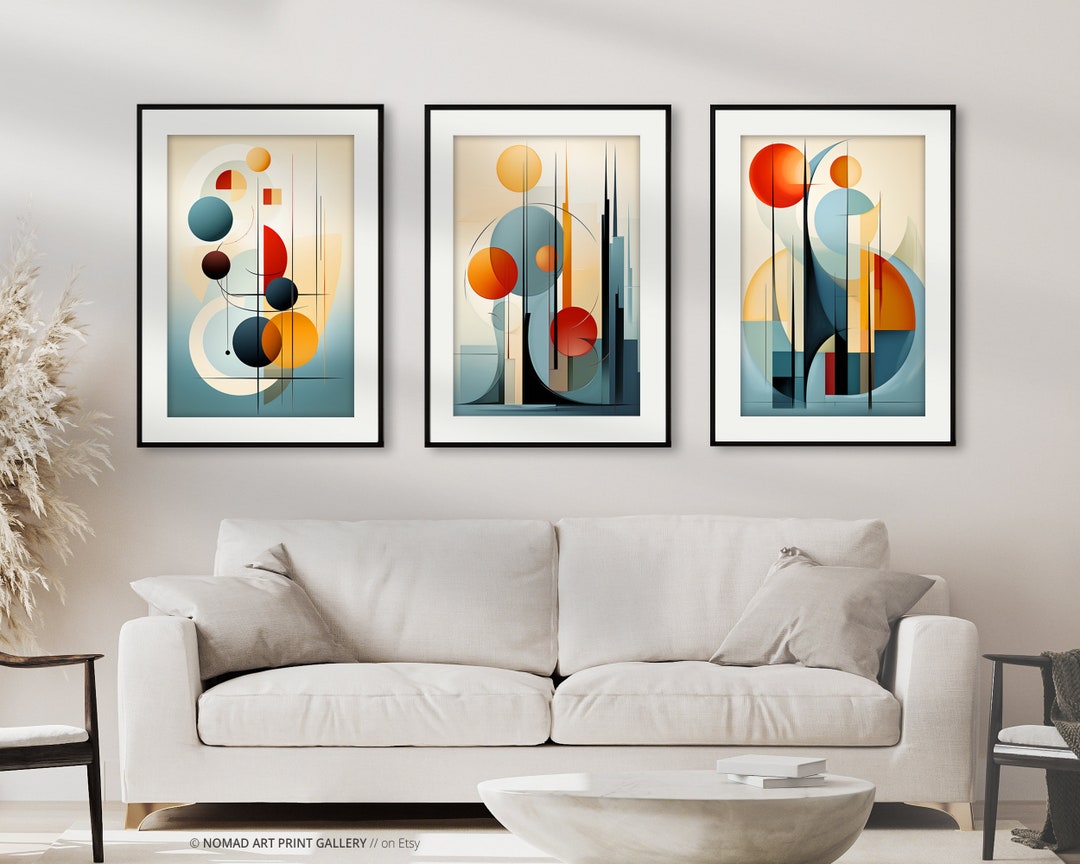 Set of 3 Mid Century Abstract Multicolour Art Prints, Vibrant Mid ...