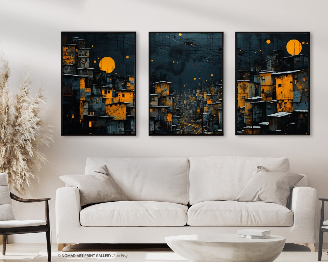 Set of 3 Abstract Cityscape Skyline Art Prints, Urban City Night Scene ...